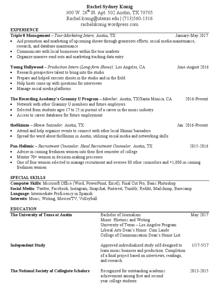 800 W. 26 St. Apt. 502 Austin, TX 78705 Rachel - Konig@utexas - Edu ...