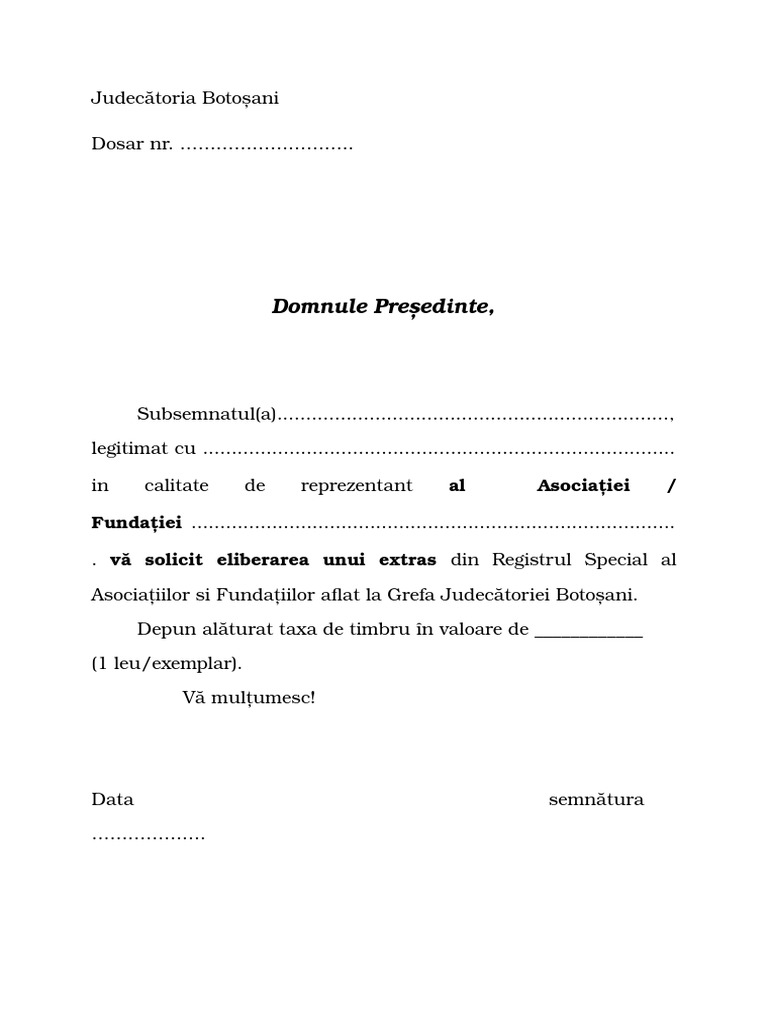 Formular Cerere Extras Din Registrul Special - Asociaţii Şi Fundaţii | PDF