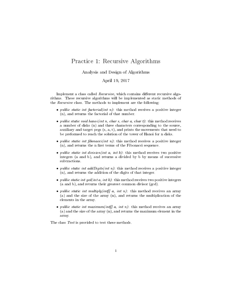 Practice 1: Recursive Algorithms: Analysis and Design of Algorithms April 19, 2017 | PDF ...