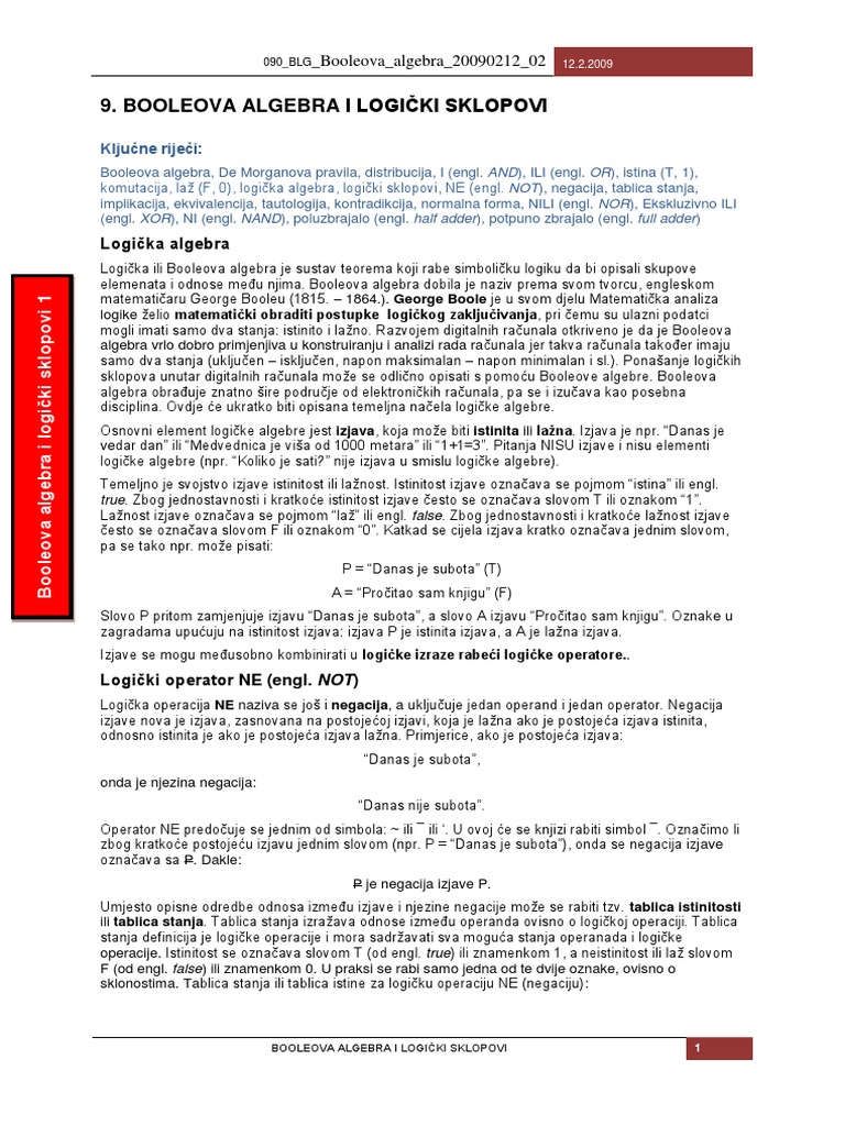 Booleova Algebra I Logicki Sklopovi - Udzbenik PDF | PDF