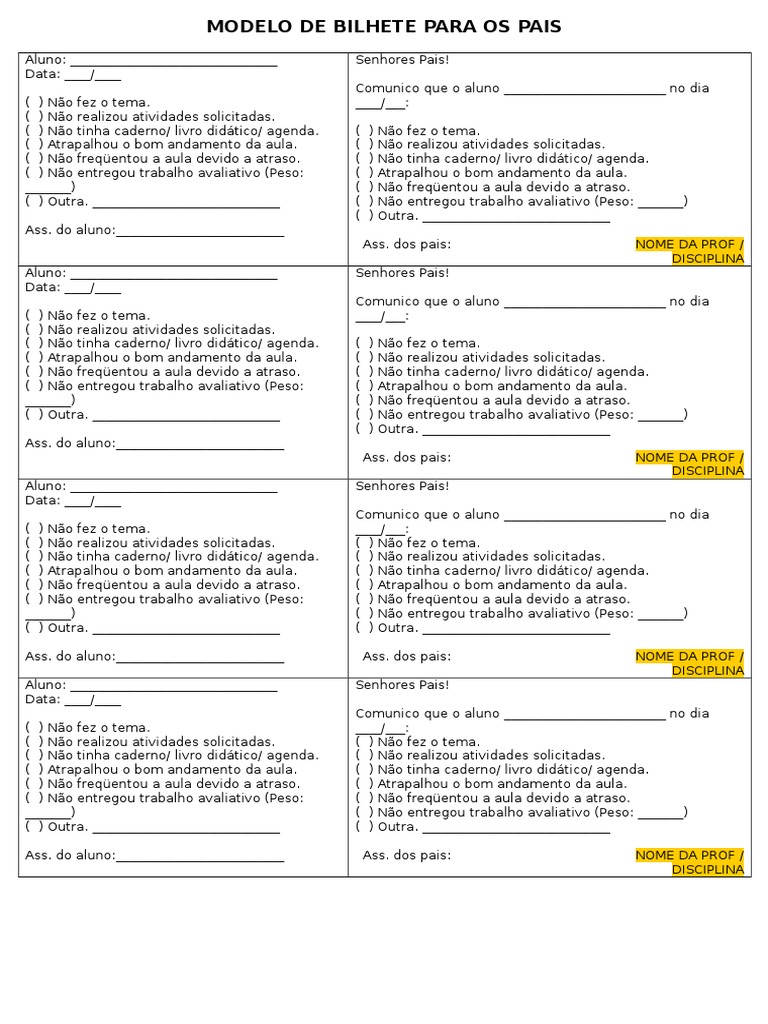 Modelo Bilhete Pais | PDF