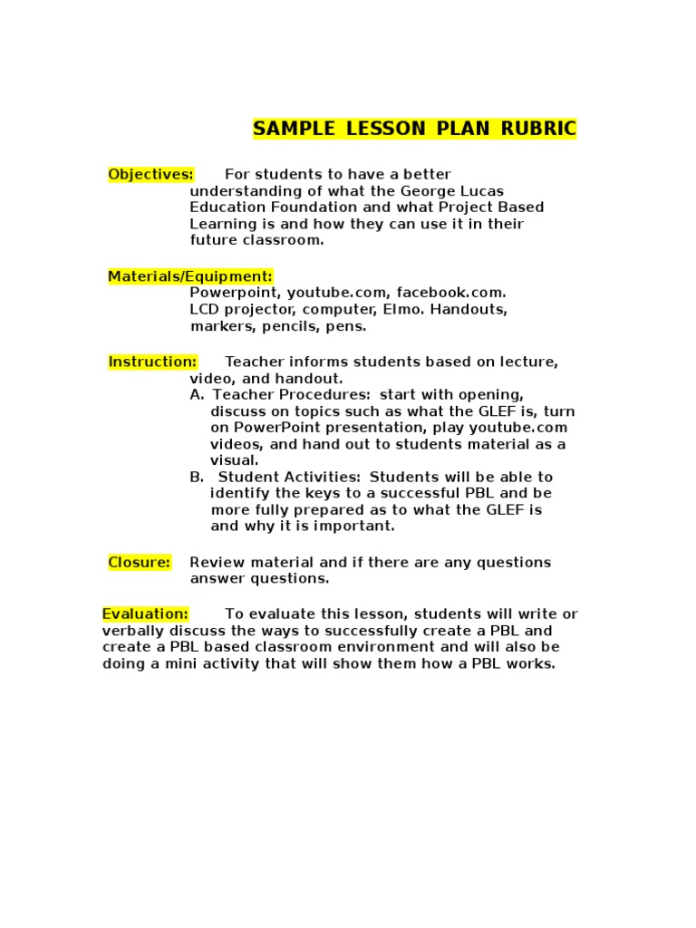 Sample Lesson Plan Rubric | PDF