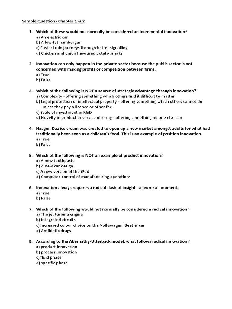 Sample Questions - Chapter 1 2 | PDF | Innovation | Business