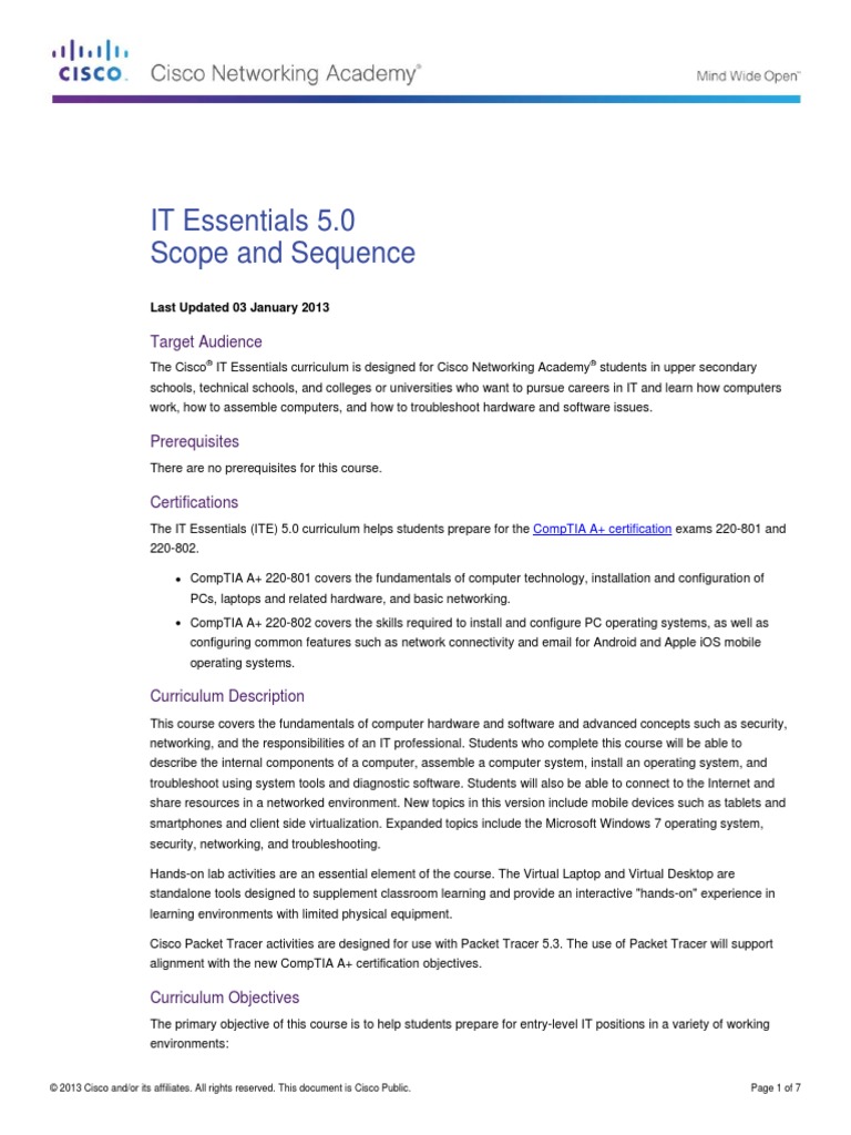 IT Essentials 5.0 Scope and Sequence: Target Audience | PDF