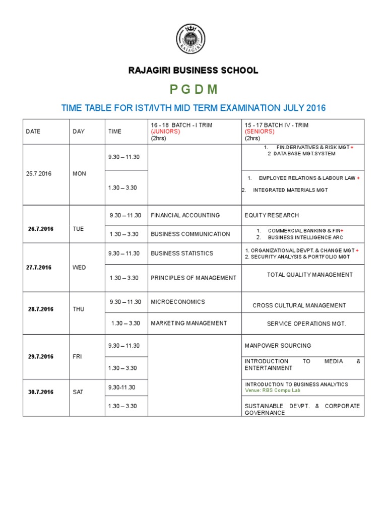 Time Table For Ist/Ivth Mid Term Examination July 2016: Rajagiri Business School | PDF ...