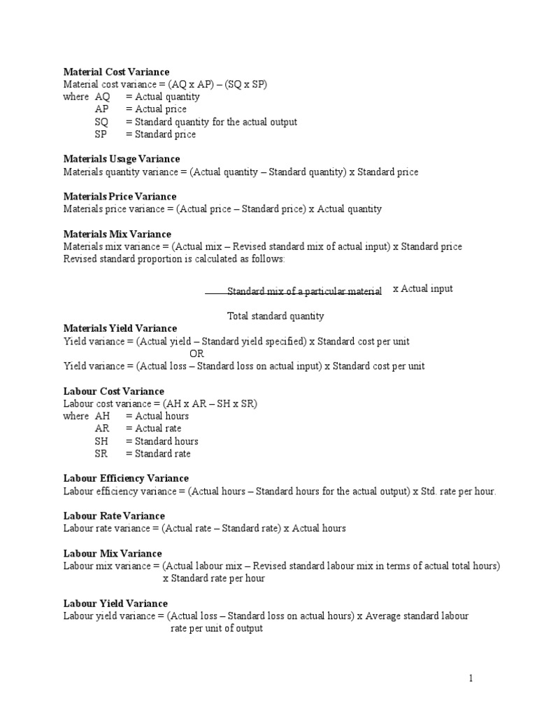 Standard Costing Variance Formulas | PDF | Output (Economics) | Cost