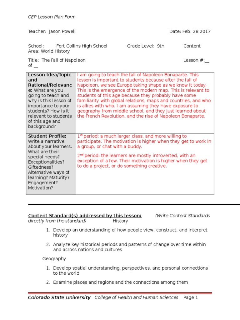 Cep Lesson Plan Template Doc Napoleon | PDF | Lesson Plan | Napoleon