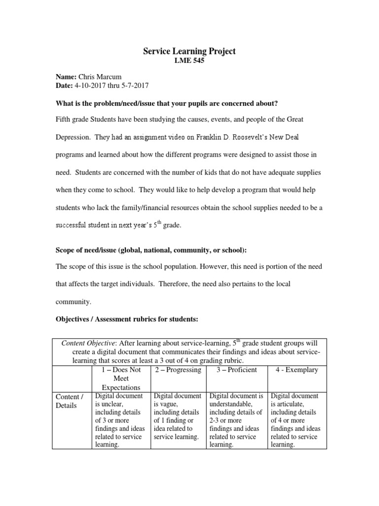 Marcum Final Service Learning Project Lme 545 | PDF | Service Learning ...
