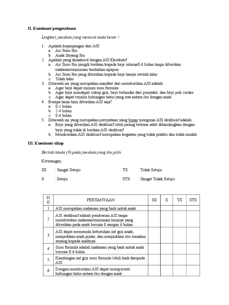 Kuesioner Pengetahuan Dan Sikap Asi Eksklusif Gambaran - Riset