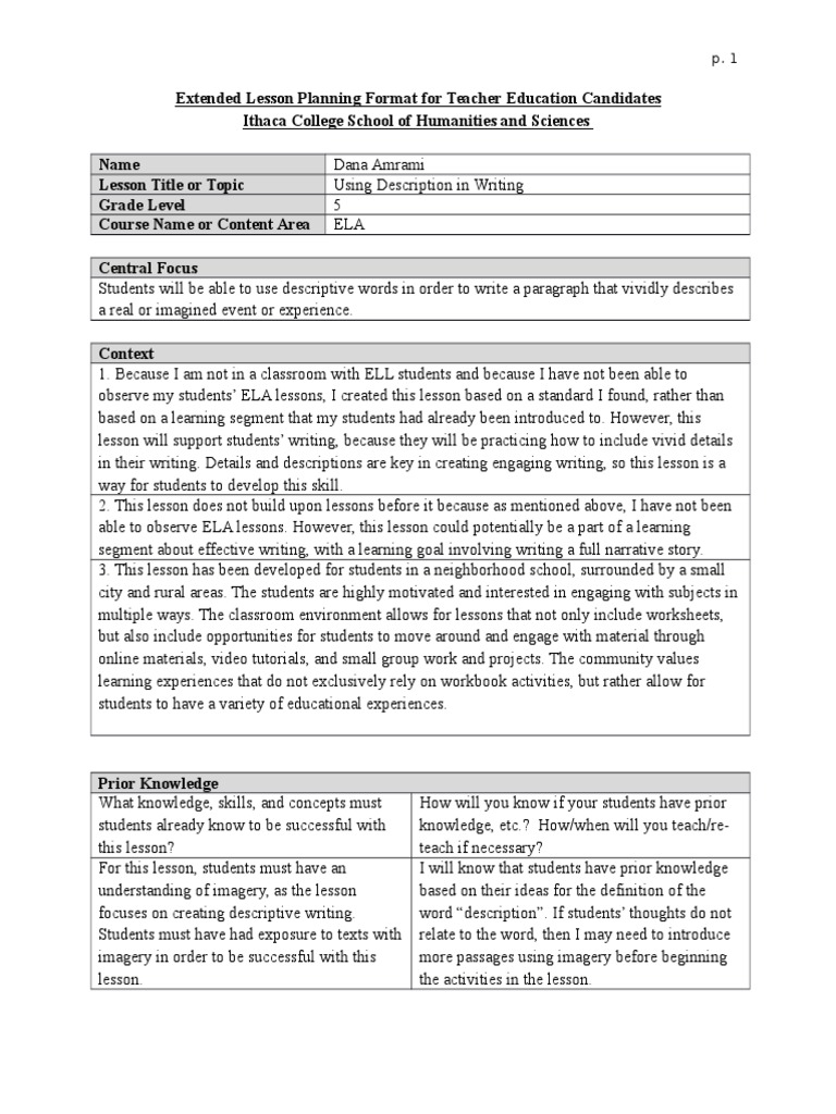 Descriptive Writing Lesson Plan for 5th Grade | PDF | Educational ...