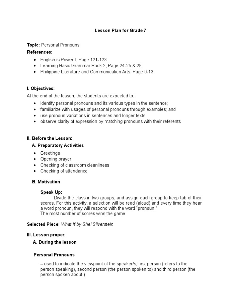 Grade 7 Lesson Plan: Personal Pronouns | PDF