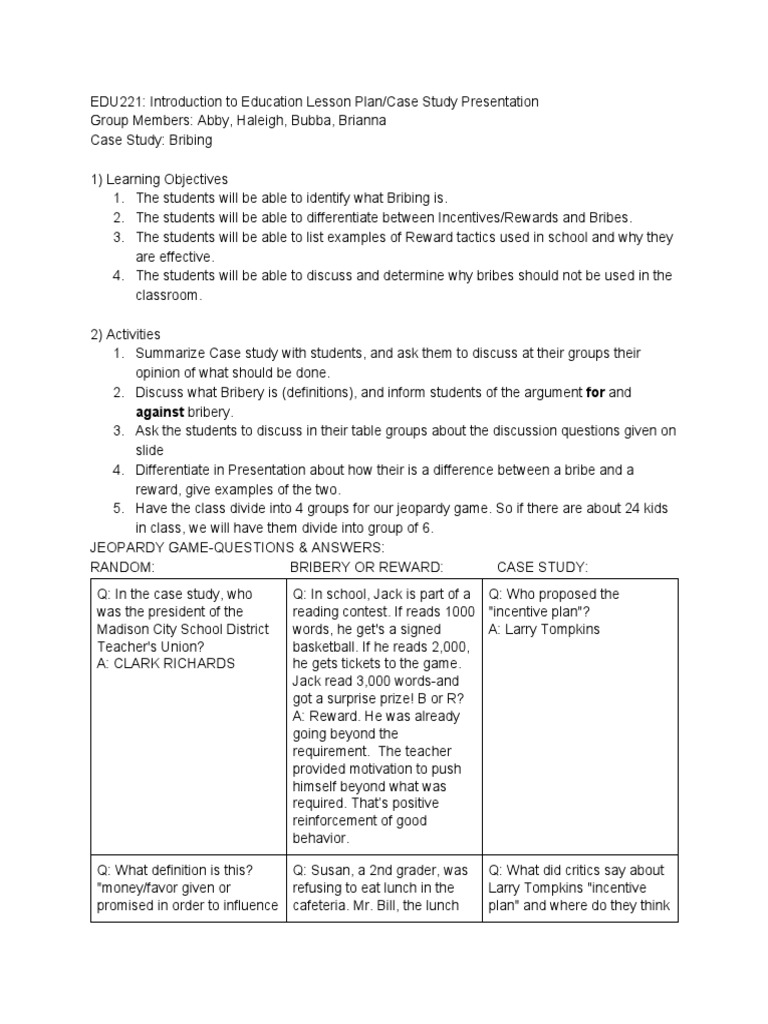 Bribery Lesson Plan | PDF | Bribery | Reinforcement