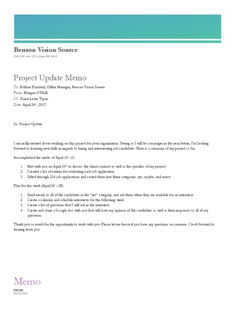 Project Update Memo1 | PDF