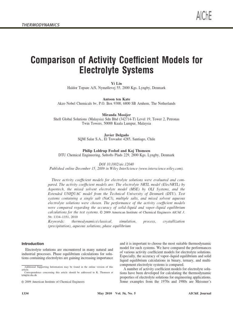 Comparison of Activity Coefficient Models For Electrolyte Systems | PDF ...
