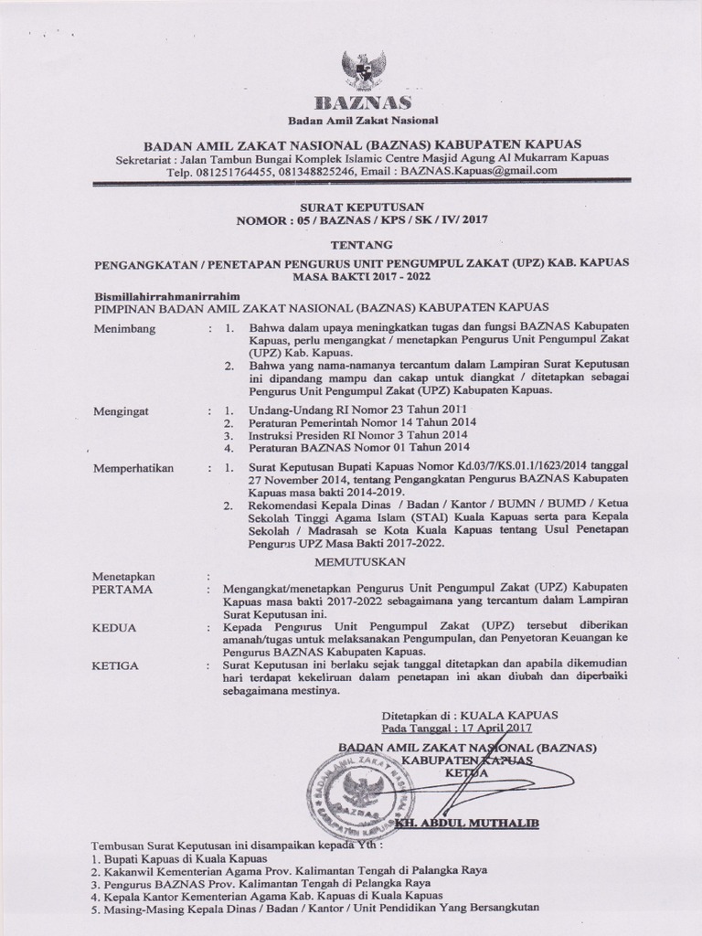 SK Unit Pengumpul Zakat Baznas RSUD Dr. H. Soemarno Sosroatmodjo Kuala Kapuas | PDF