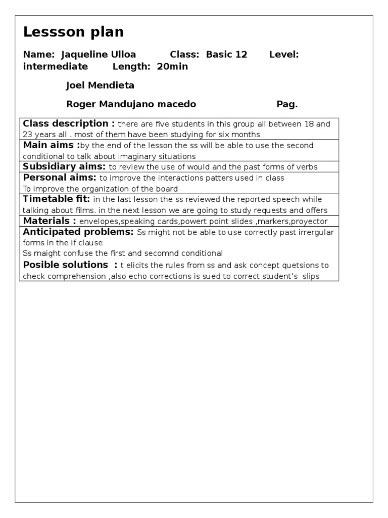 Lesson Plan - Second Conditional Pp. | PDF | Lesson Plan | Sentence (Linguistics)