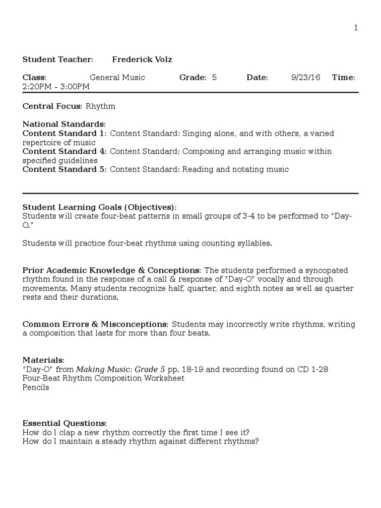 Edtpa Lesson Plan 1 Website Version | PDF | Rhythm | Educational Assessment