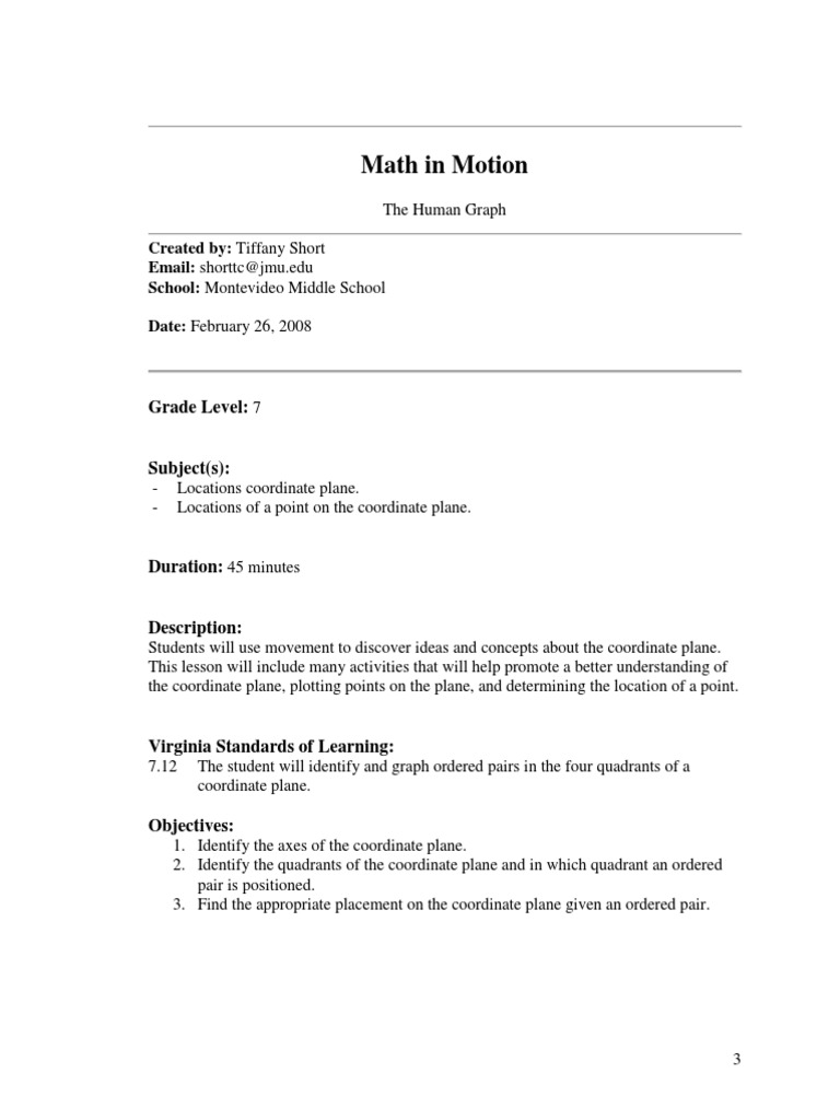 Math in Motion Lesson Plan | PDF | Cartesian Coordinate System | Learning