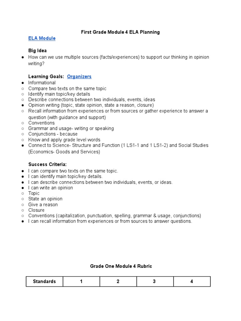 First Grade Module 4 ELA Planning | PDF | Opinion | Grammar