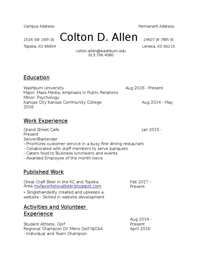 Colton Resume PDF | PDF | Restaurants | Gastronomy