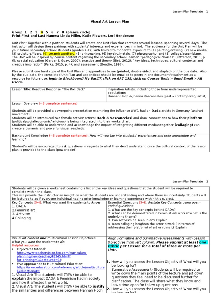 Art135 Group4lessonplanpart1 Template sp17 1 | PDF | Lesson Plan | Feminism
