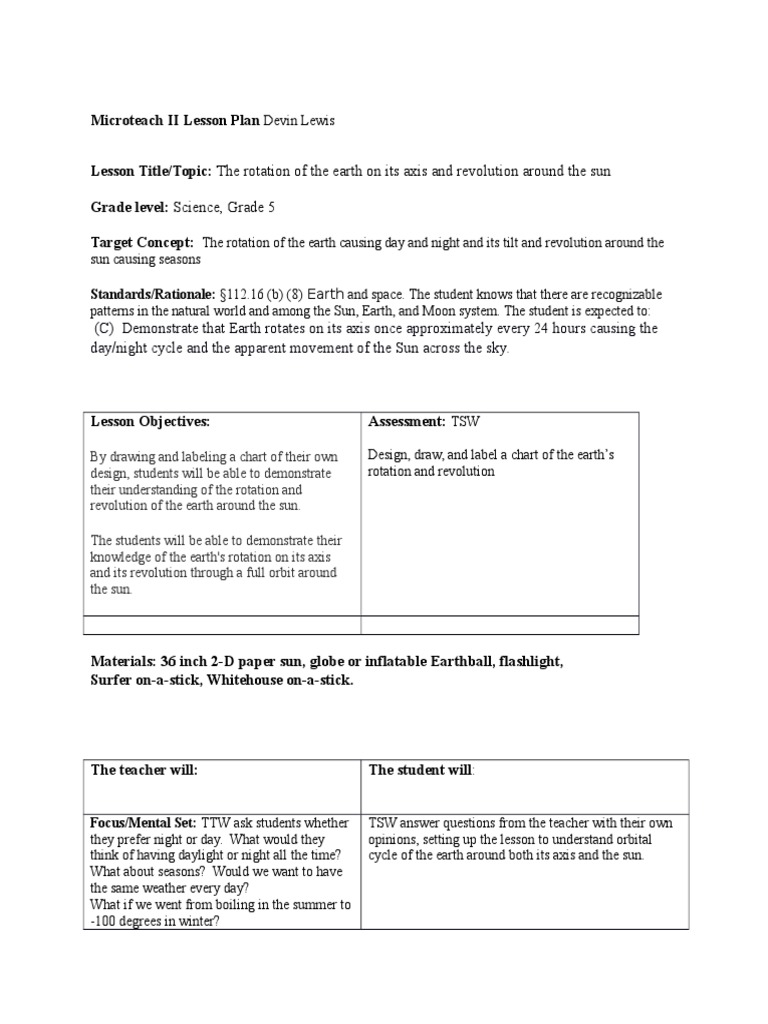 Microteach II Lessonplan | PDF | Rotation | Equator