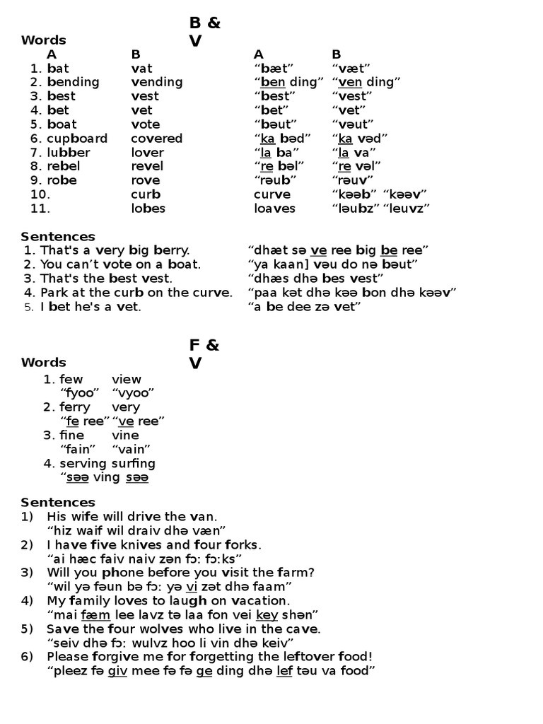 F and V Minimal Pairs Worksheet | PDF