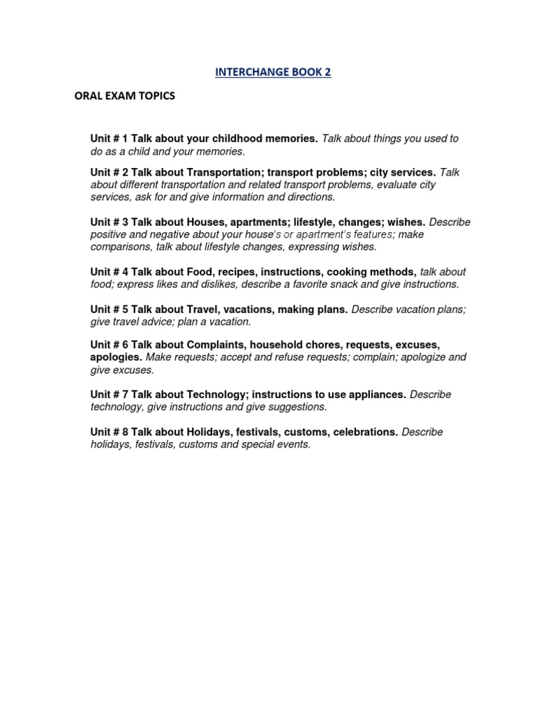 Interchange Book 2 Oral Exam Topics | PDF
