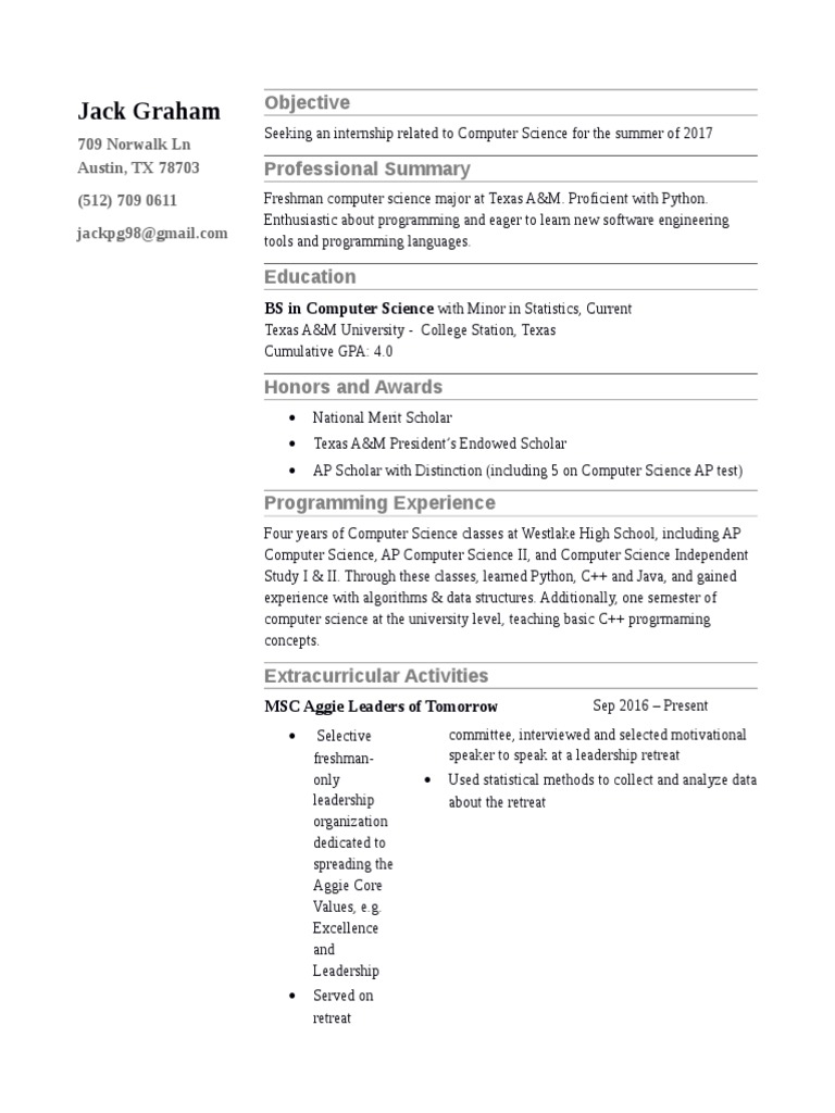 Jack Graham Resume 2 | PDF | Computer Science | C++