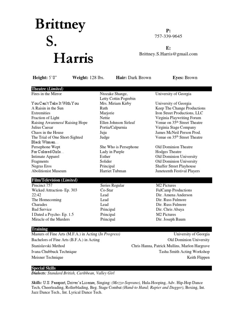 Brittney S. Harris' Acting Resume (Theatre) 2016 PDF | PDF