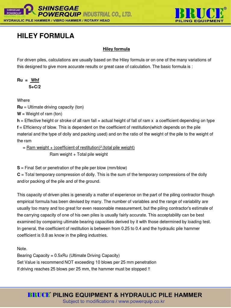Hiley Formula for Pile Driving Capacity | PDF