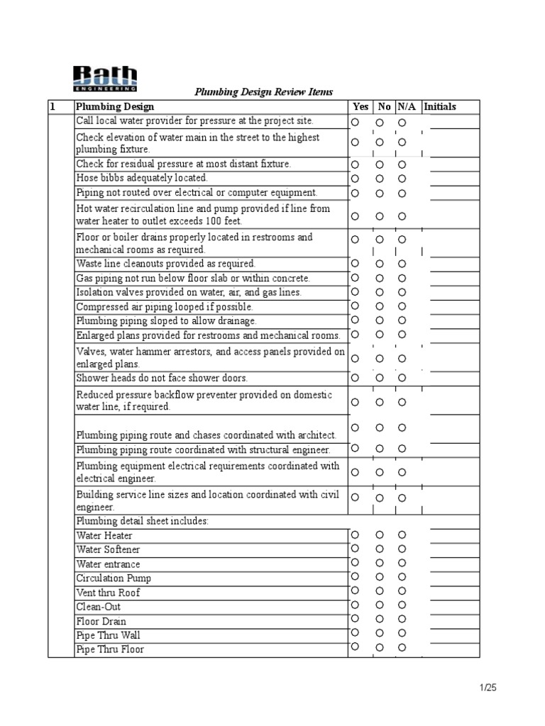 Plumbing Design Review Checklist | PDF | Water Heating | Plumbing