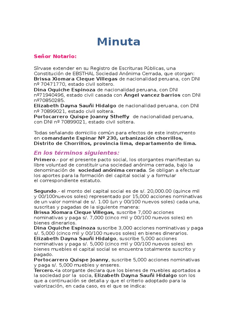 Minuta - Ejemplo | Liquidación | Negocios