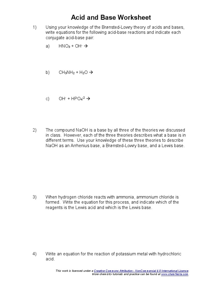Acid and Base Worksheet | PDF | Acid | Molecular Physics