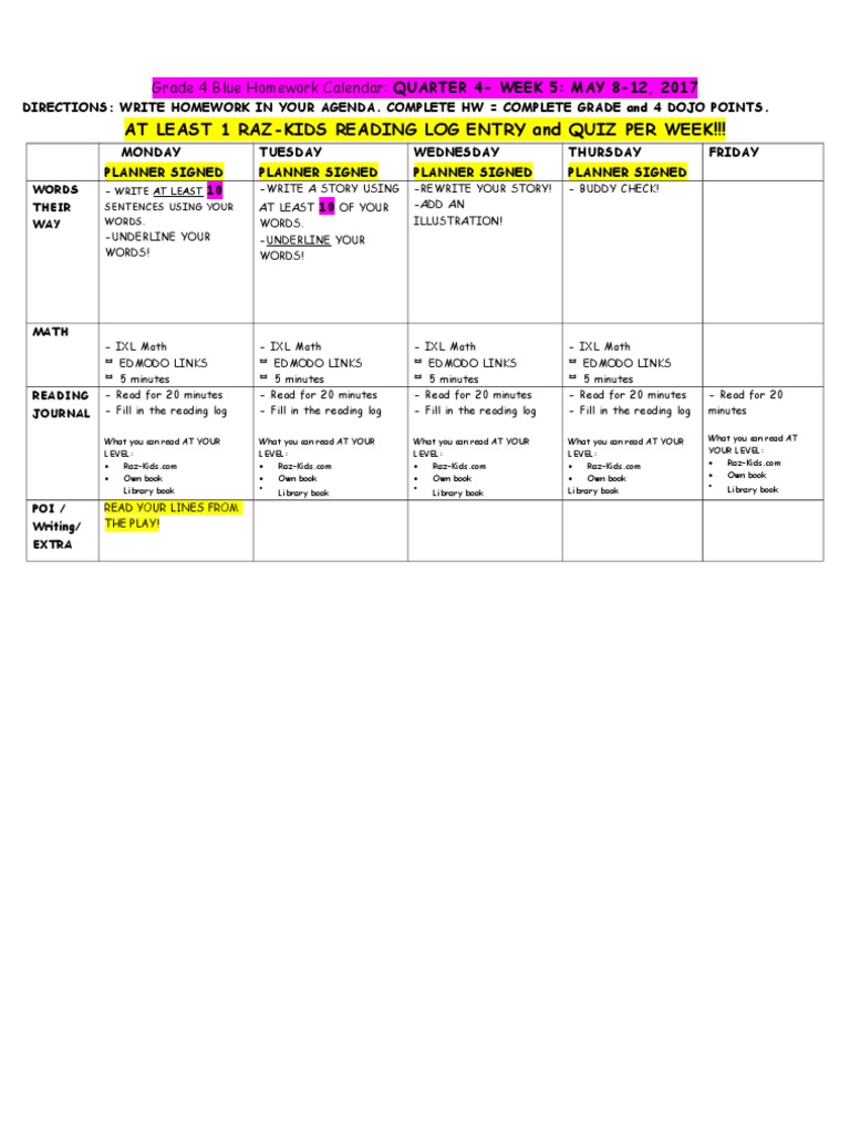Grade 4 Blue Homework Calendar - Q 4 Week 5 V 2 | PDF