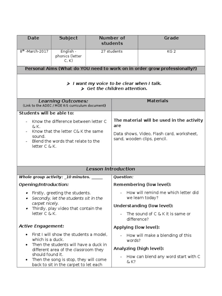 Lesson Plan Letter C-K | PDF | Classroom | Attention