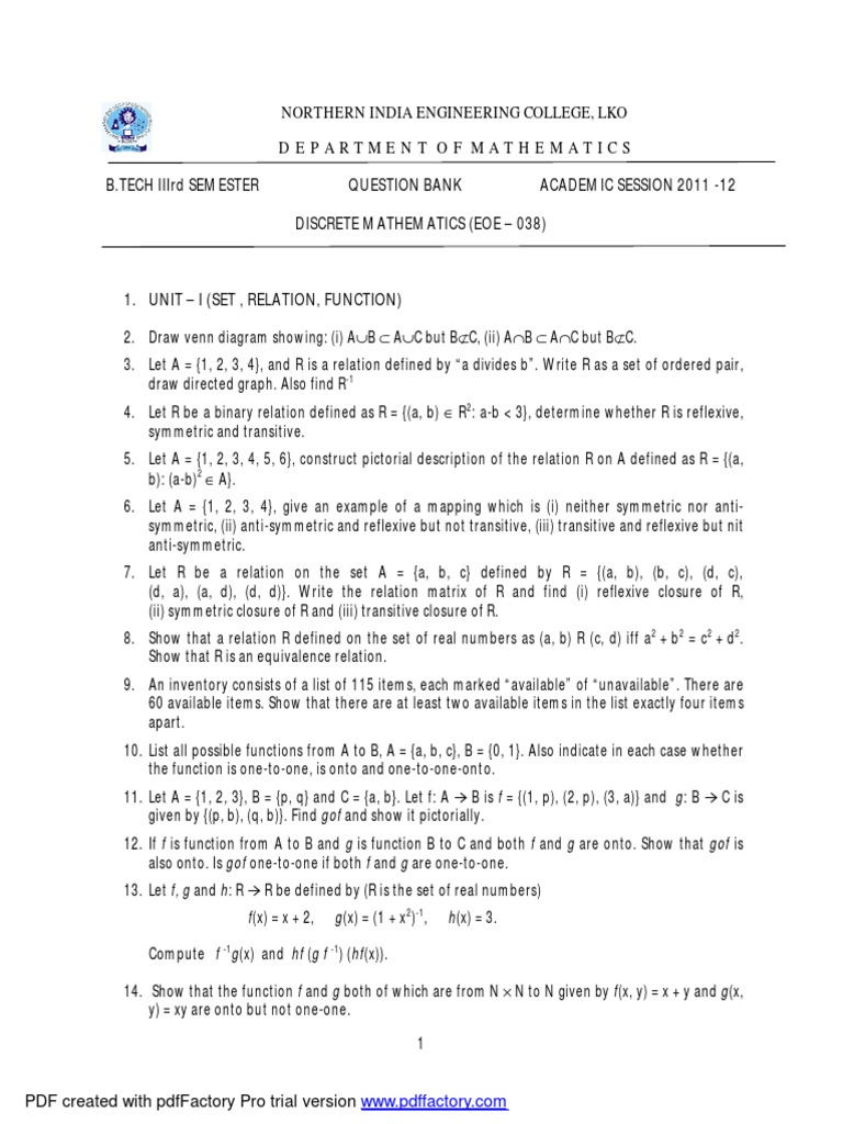 Question Bank of Discrete Mathematics PDF | PDF | Group (Mathematics ...