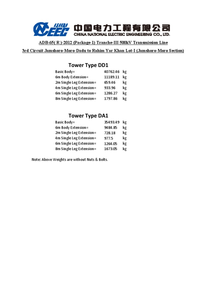 Tower Type DD1 and DA1 Weight | PDF