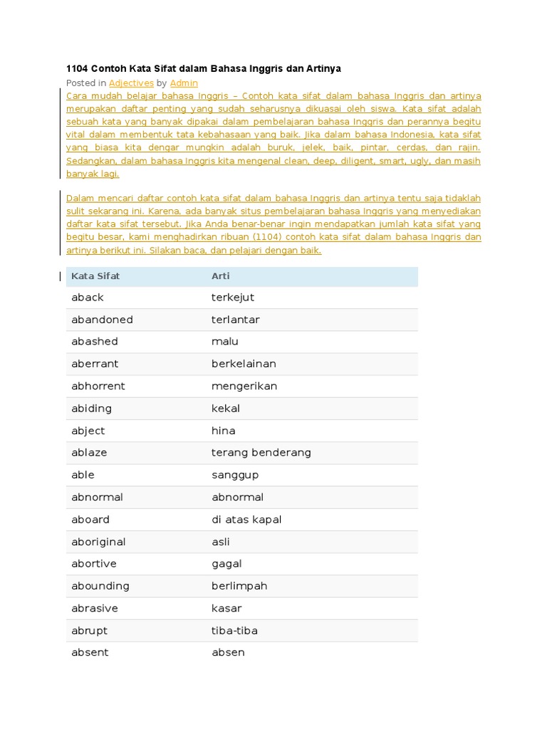 1104 Contoh Kata Sifat Dalam Bahasa Inggris Dan Artinya | PDF