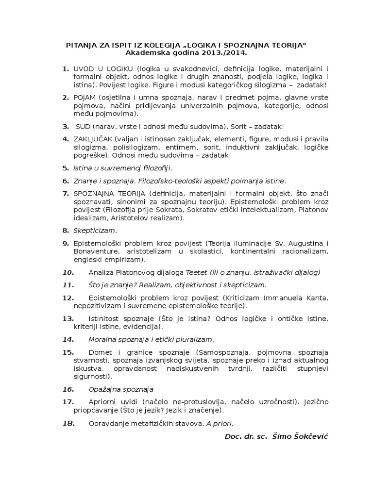 Logika I Spoznajna Teorija - Pitanja Za Ispit | PDF
