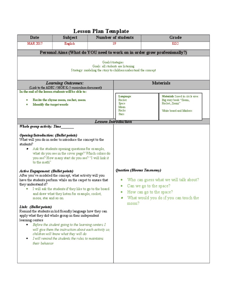Lesson Plan Template Zoom Rocket Zoom | PDF | Lesson Plan | Educational ...