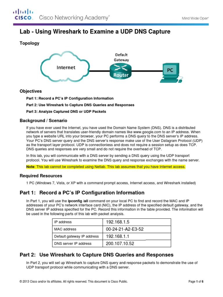 7 2 3 5 Lab Using Wireshark To Examine A UDP DNS Capture PDF | PDF | Domain Name System | Port ...