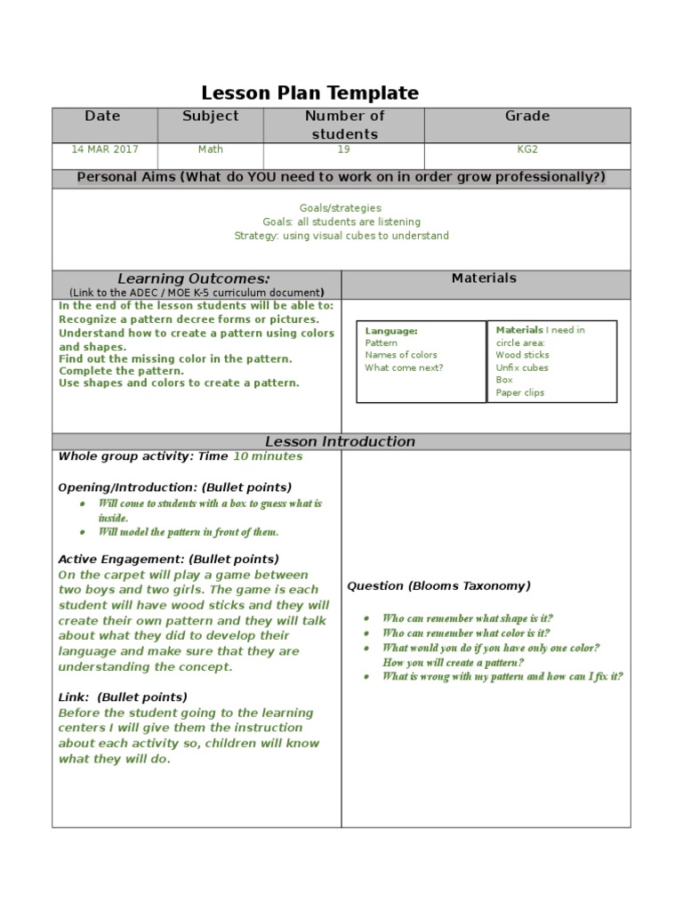 KG2 Math Lesson Plan on Patterns | PDF | Lesson Plan | Sharing
