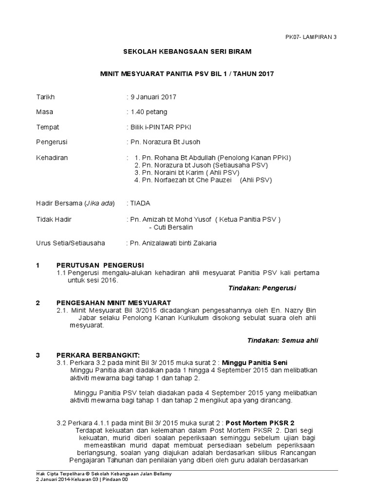 Minit Mesyuarat Panitia PSV Kali Pertama 2017 | PDF