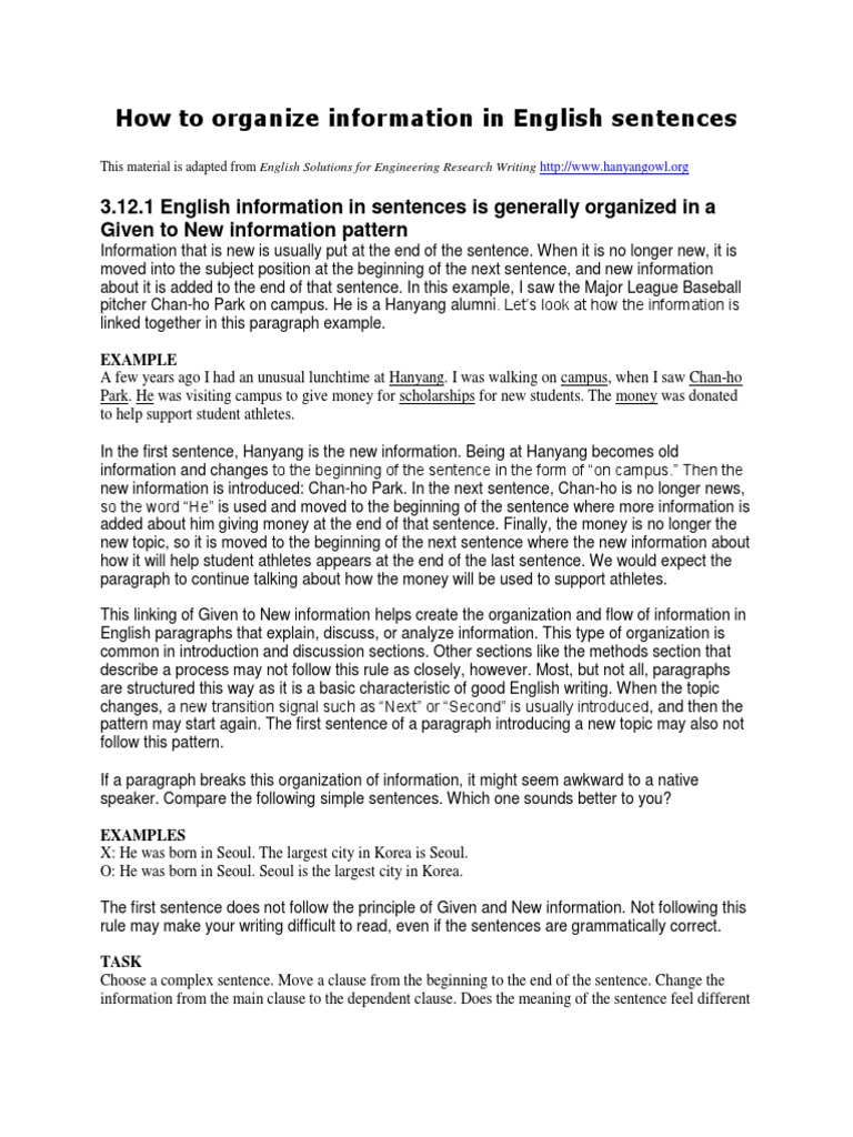 How To Organize Information in English Sentences | PDF | Sentence ...