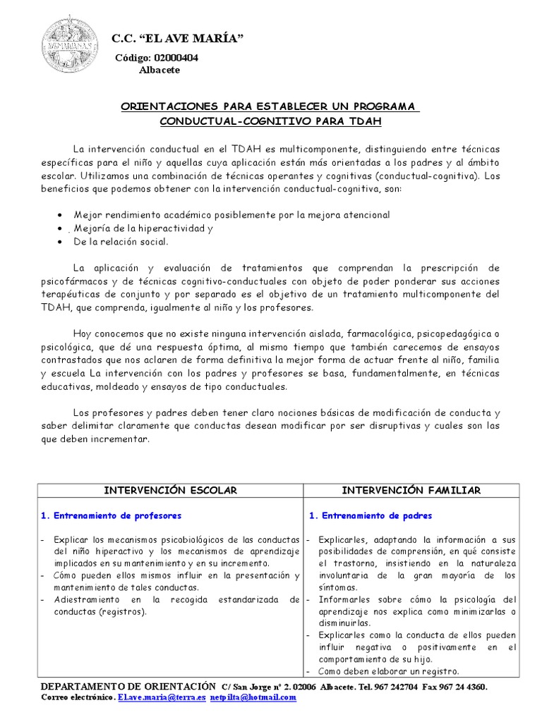 Programa Conductual TDAH | PDF | Desorden hiperactivo y deficit de atencion | Comportamiento