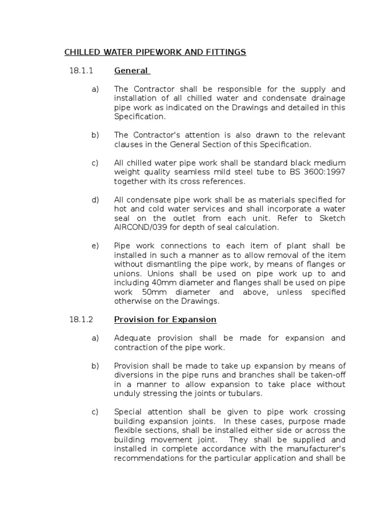 Chilled Water Pipework Specifications | PDF | Pipe (Fluid Conveyance ...