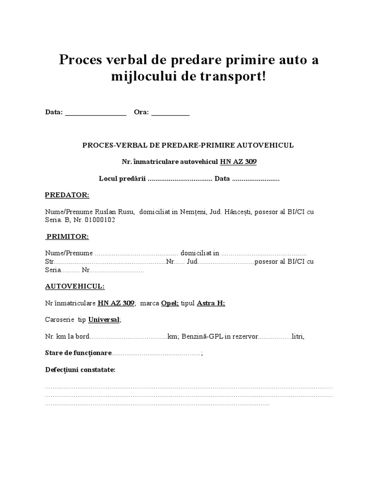 Proces Verbal de Predare Primire Auto Predare a Mijlocului de Transport