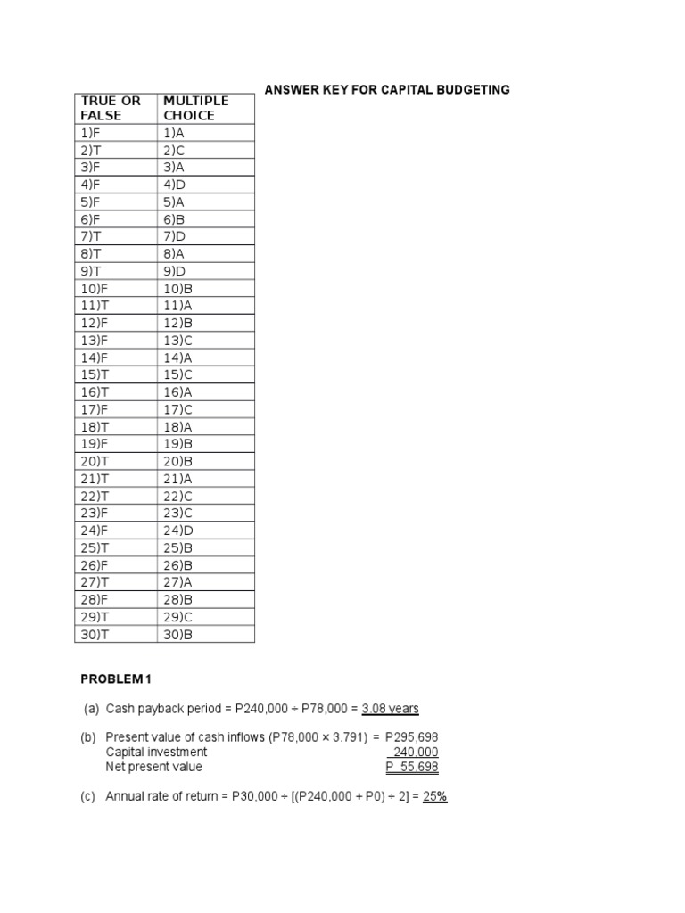 Answer Key Capital Budgeting | PDF | Net Present Value | Internal Rate ...