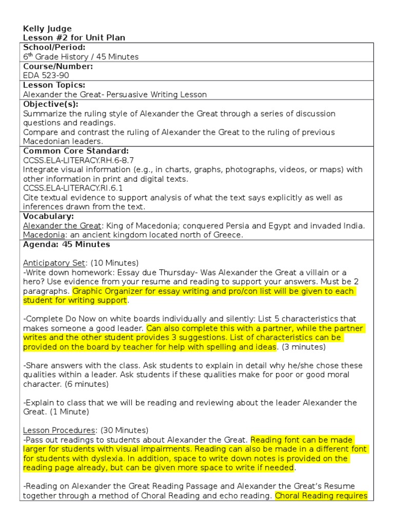 Lesson Plan 2 For Unit Plan - Group 5 | PDF | Alexander The Great ...